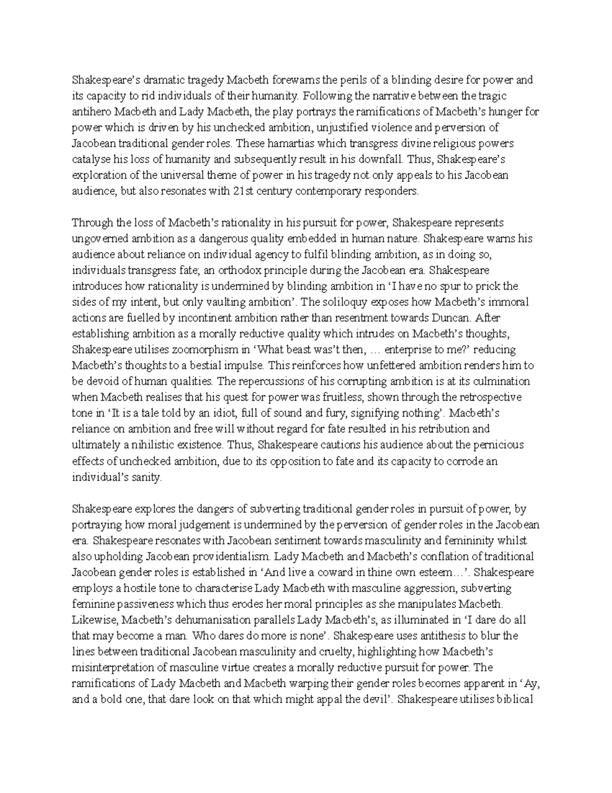 Macbeth ENGL 101 Final Exam Essay: Ambition and Gender Roles in Tragedy ...
