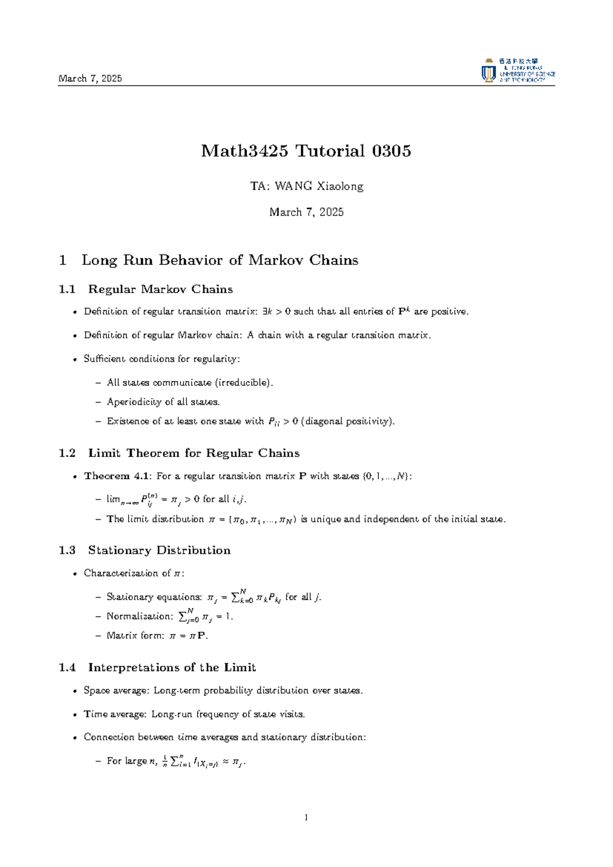 Math3425 0305 Tutorial Notes: Long Run Behavior of Markov Chains - Studocu