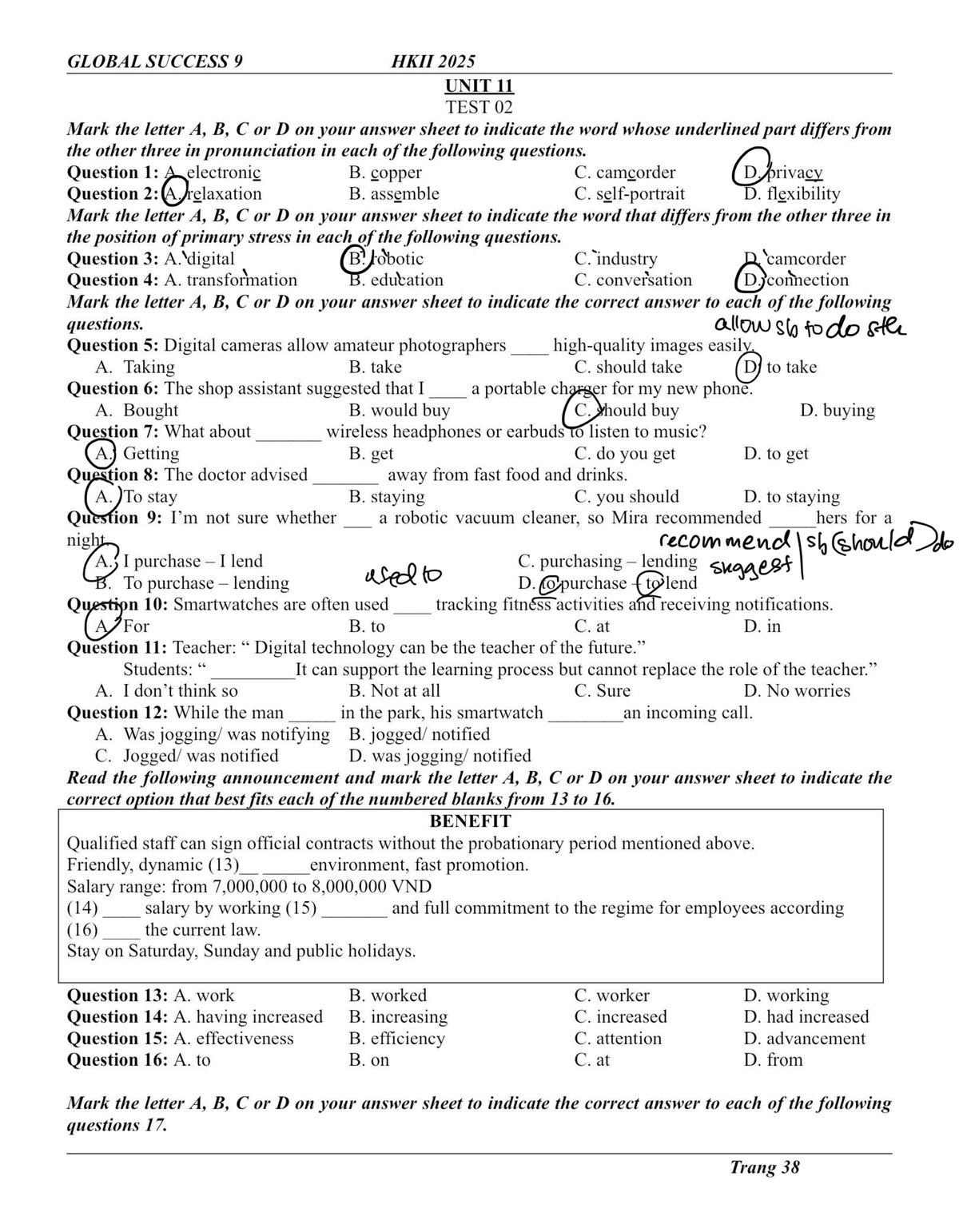 GLOBAL SUCCESS 9 HKII 2025 UNIT 11 TEST 02 Answer Key and Review - Studocu