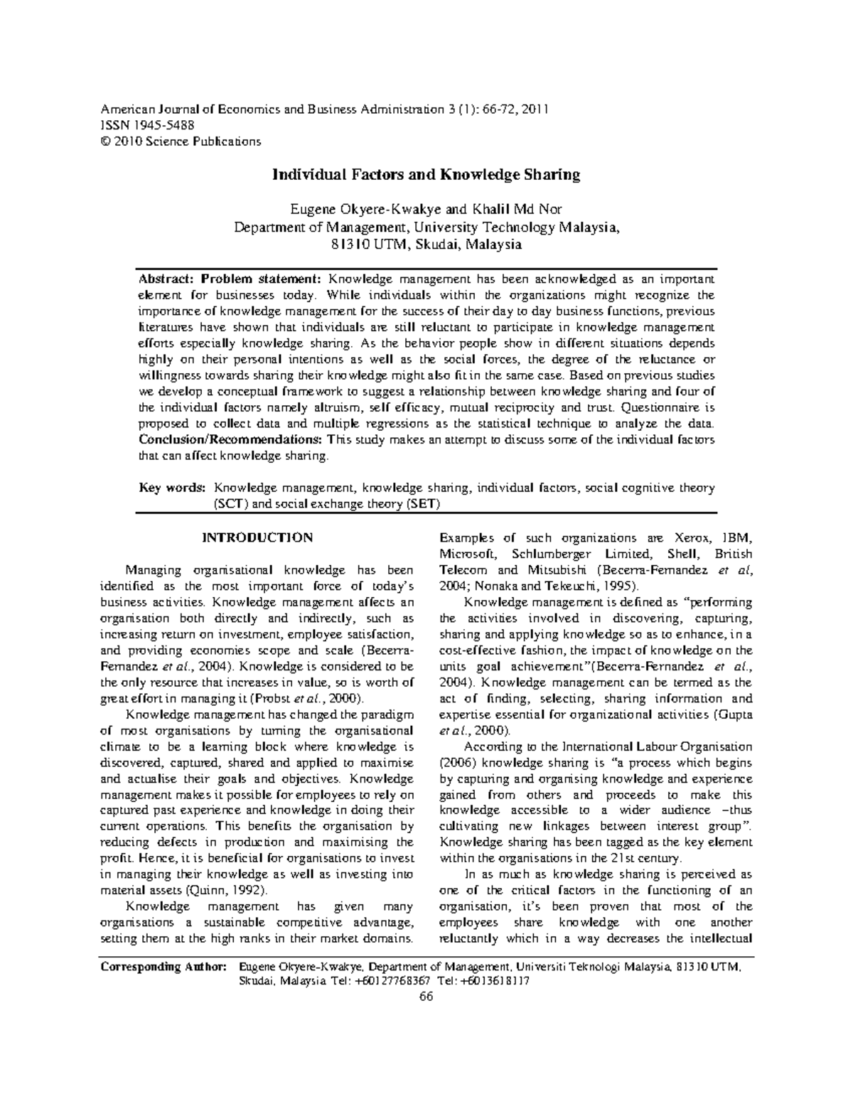 Individual Factors Influencing Knowledge Sharing: A Study on SCT & SET ...