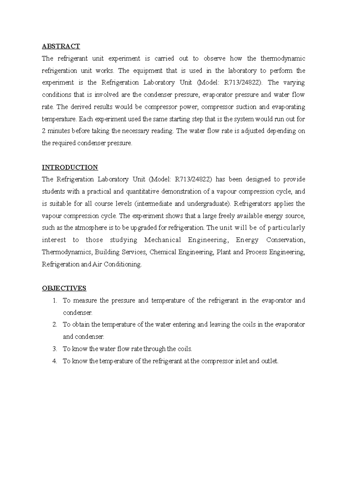 LAB Report - Thermodynamic Analysis of Refrigeration Unit - Studocu