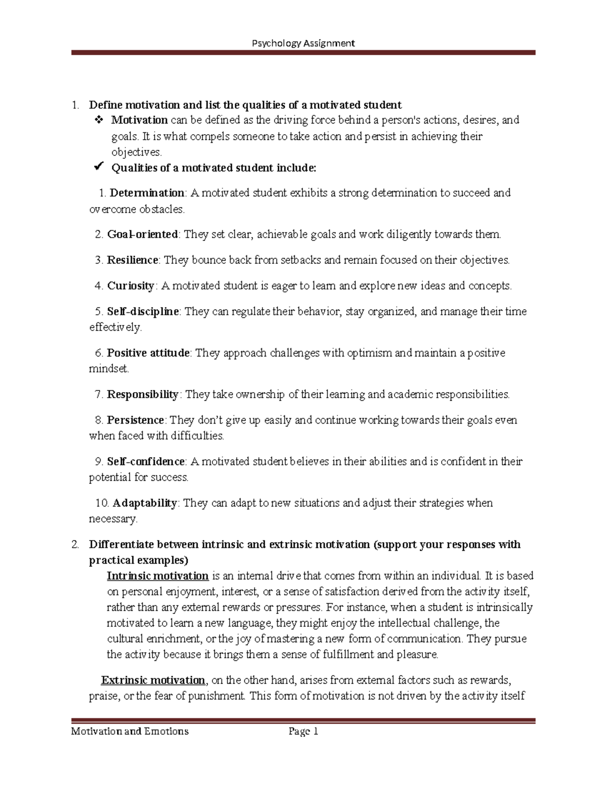 Psychology Assignment: Understanding Motivation and Emotions - Studocu