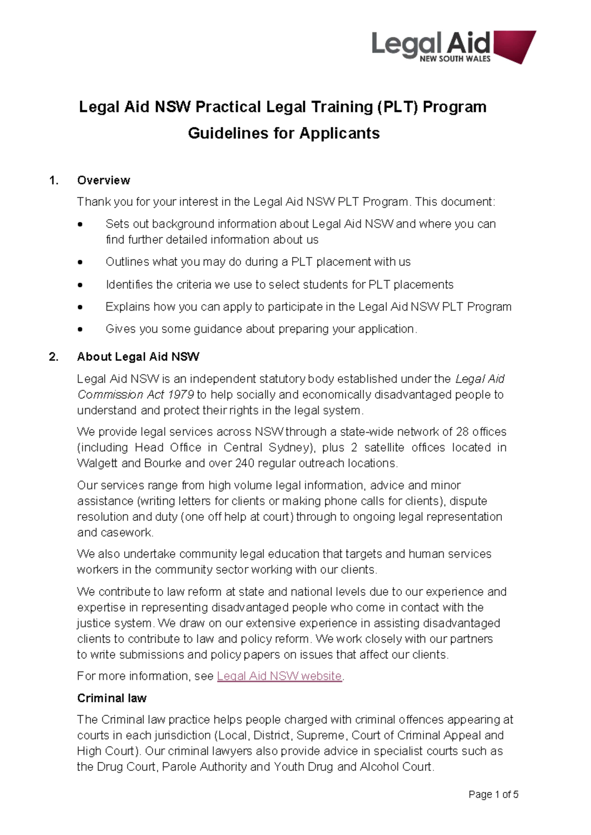 Legal Aid NSW PLT Program Guidelines for Applicants - Info & Tips - Studocu