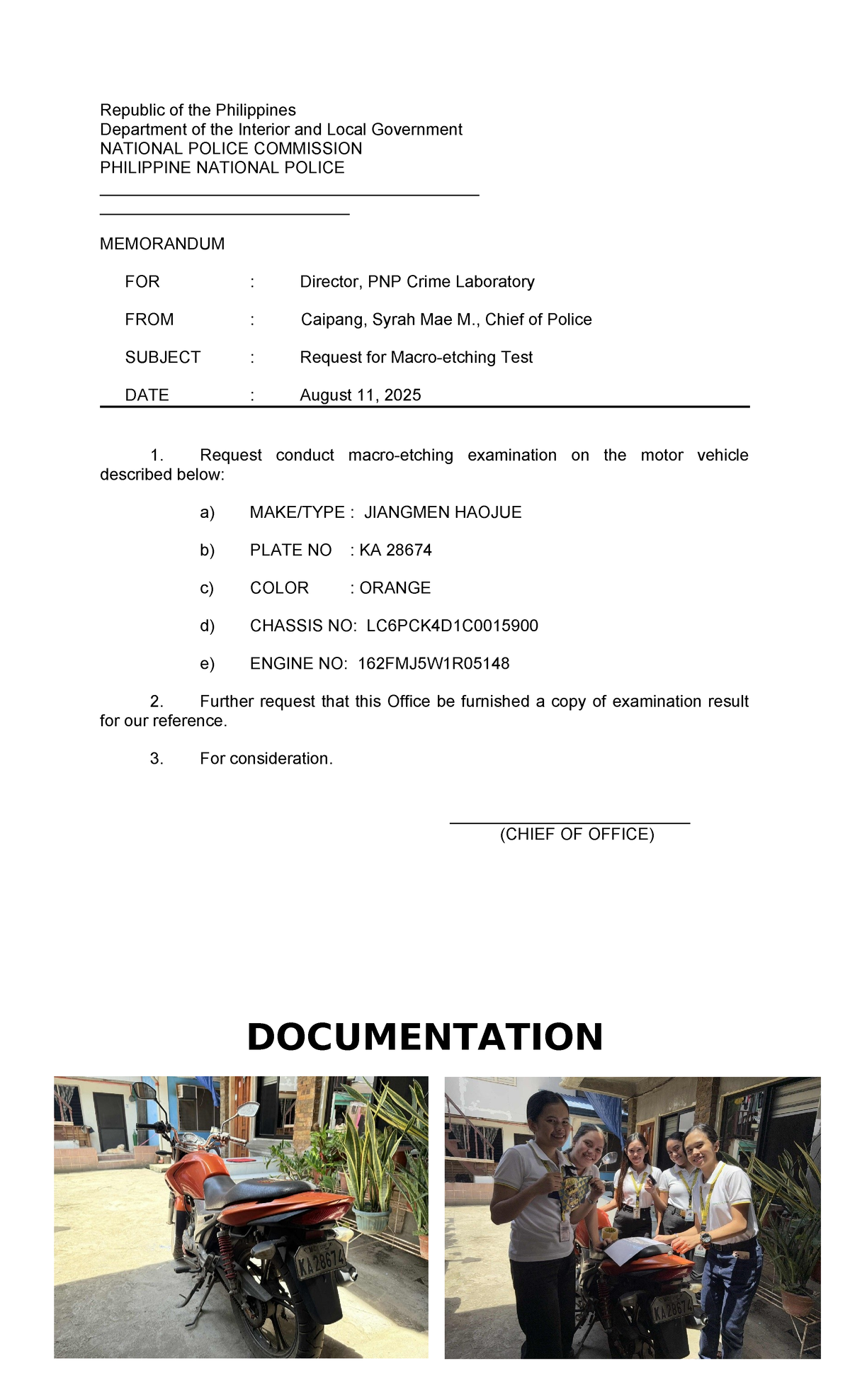 PNP Memorandum: Request for Vehicle Examination - Lab Report - Studocu