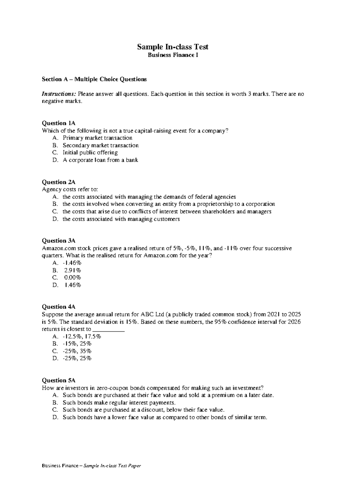 Sample In-Class Test BAFI 1001: Business Finance Multiple Choice ...