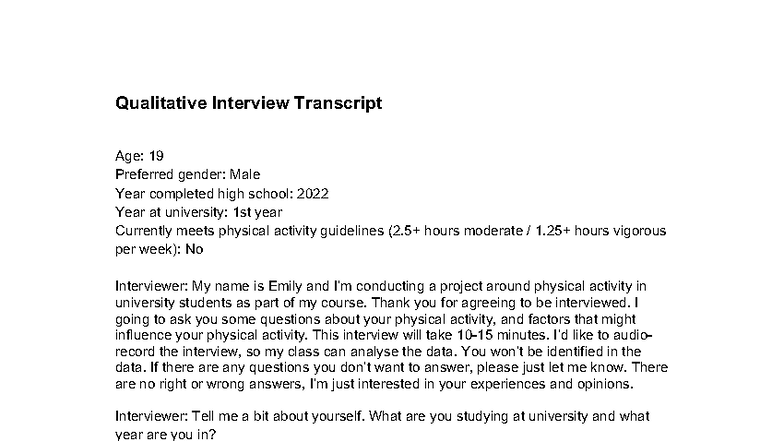 Qualitative Interview Transcript: Physical Activity in Uni Students ...