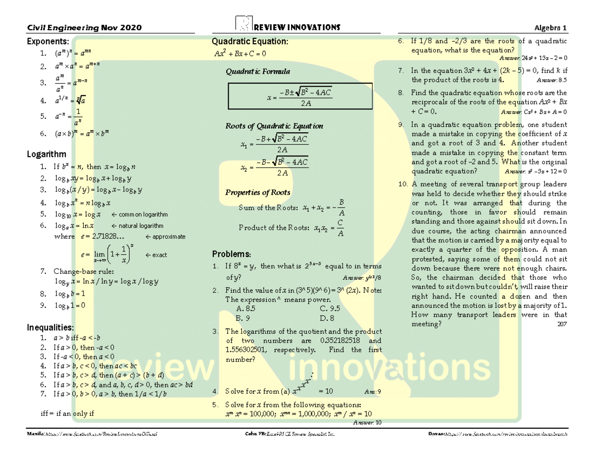 Civil Engineering Algebra 1 Final Exam Review Notes for Nov 2020 - Studocu