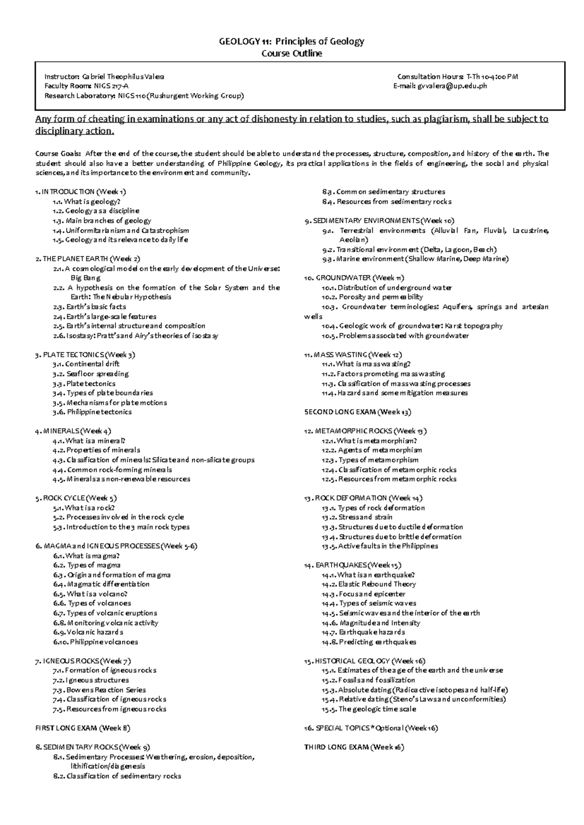 GEOLOGY 11 Syllabus: Principles of Geology Course Outline and Policies ...