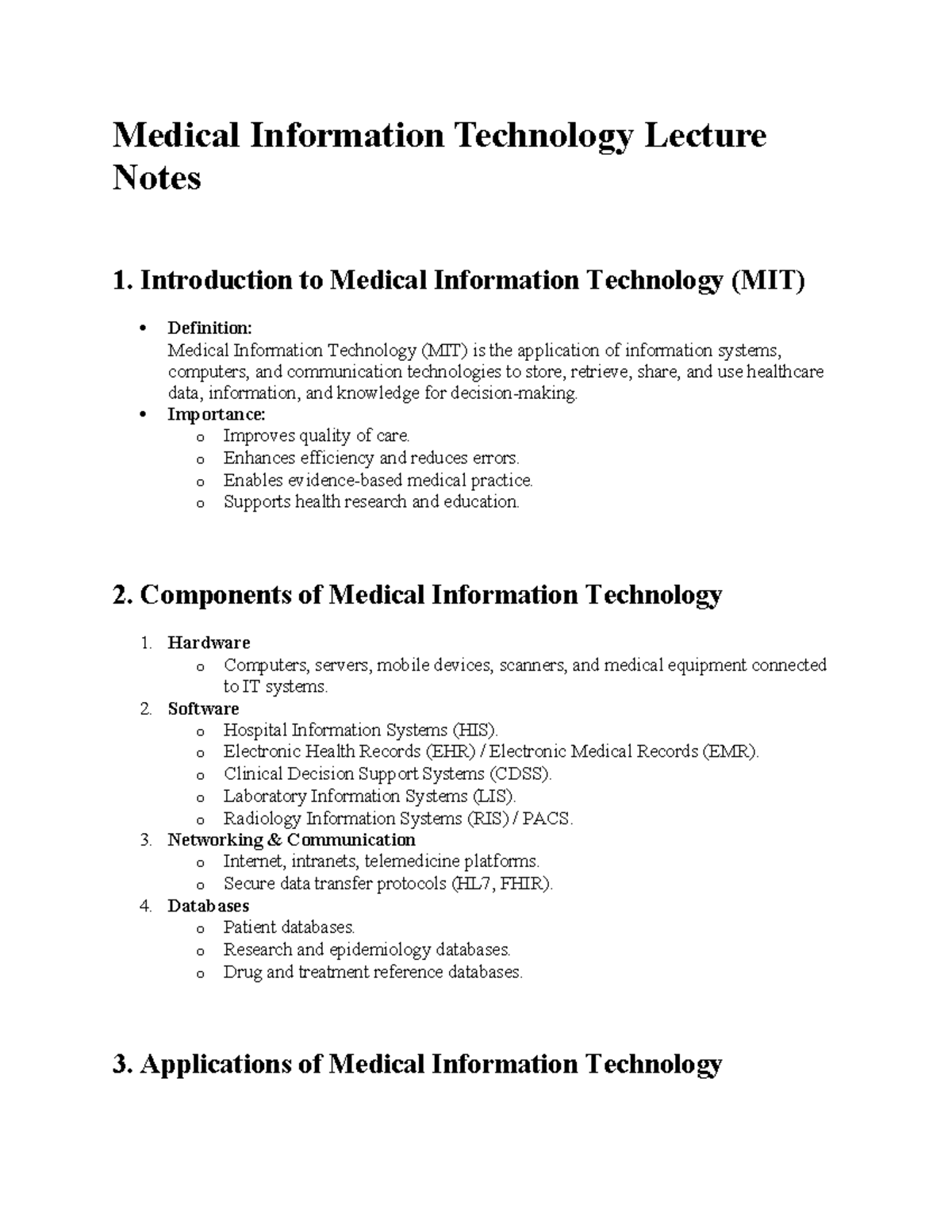 MIT 101: Lecture Notes on Medical Information Technology Overview - Studocu