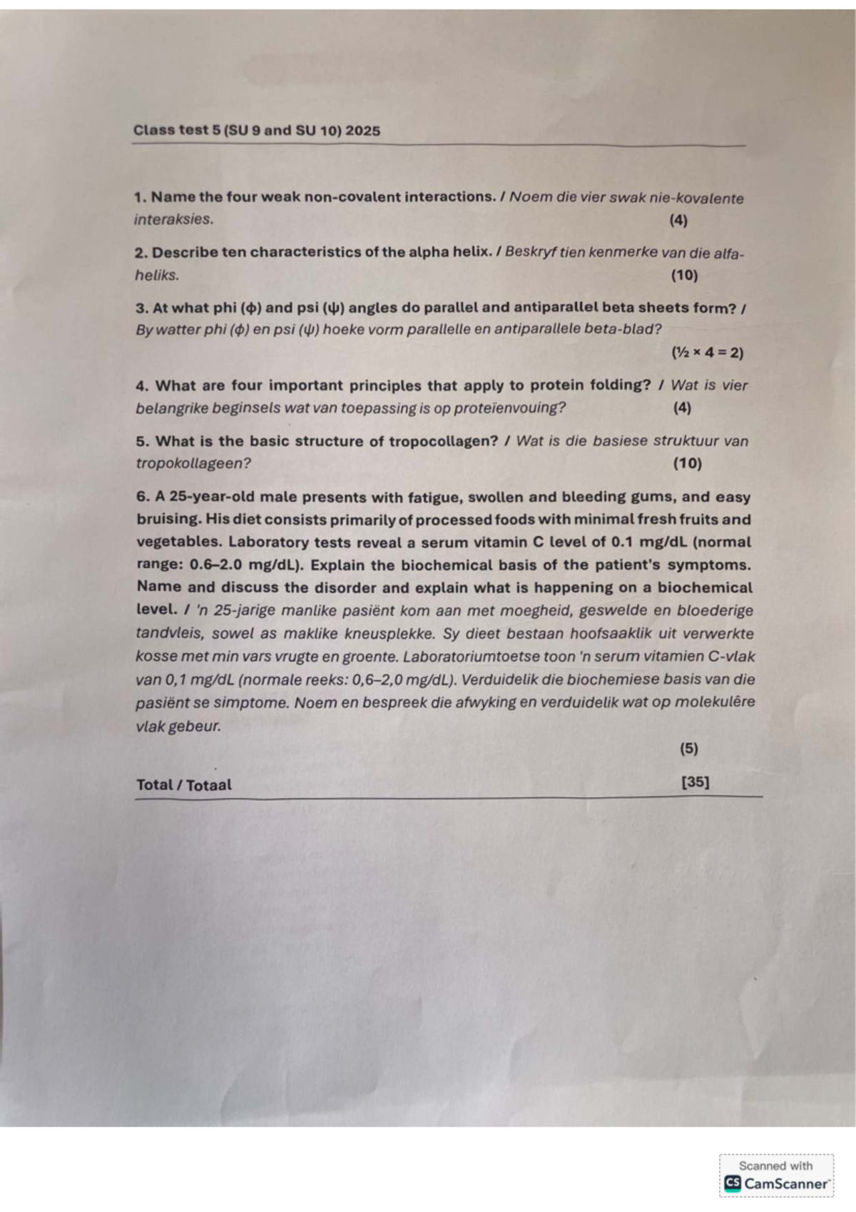 Class Test 5 (SU 9 and SU 10) - Non-Covalent Interactions & Protein ...