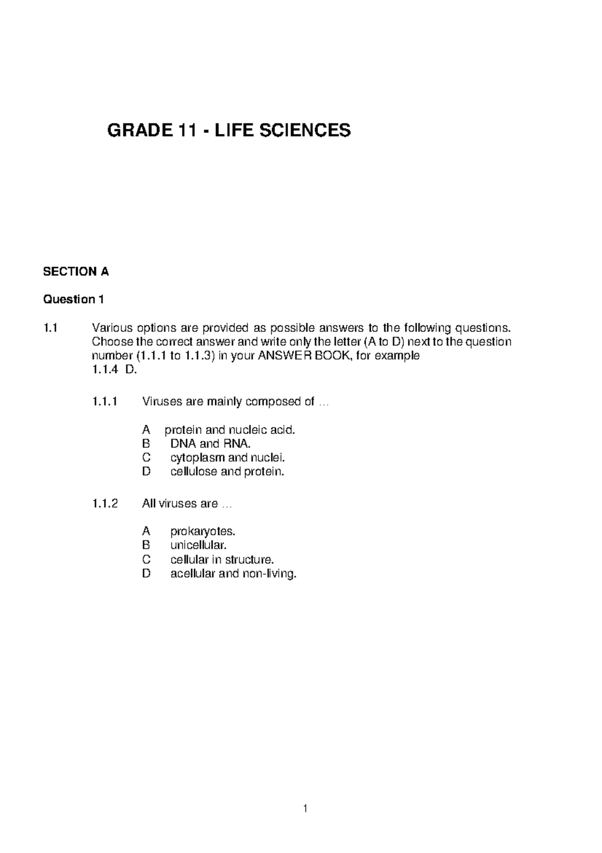 Grade 11 LIFE Sciences Notes - GRADE 11 - LIFE SCIENCES SECTION A ...