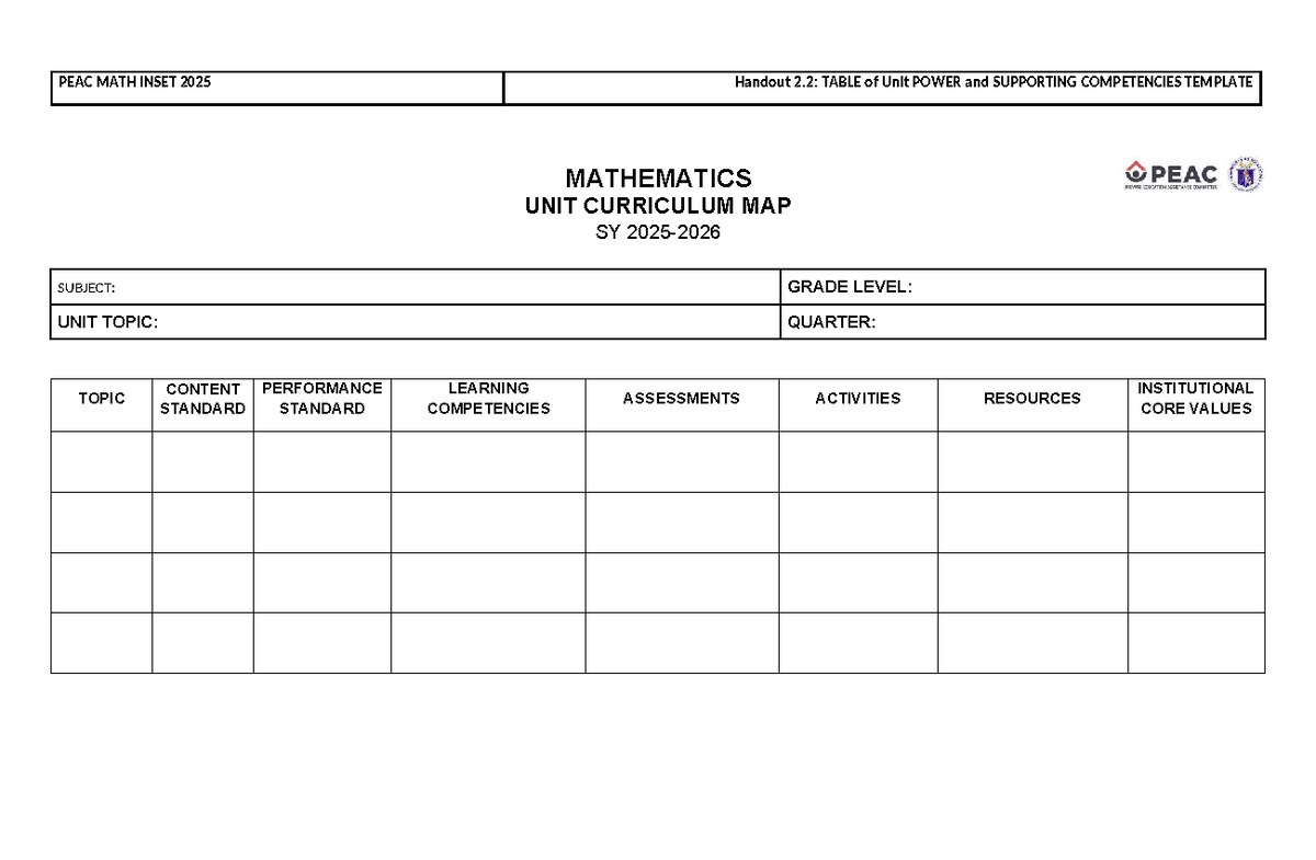 Unit Curriculum Map (Template) - Bachelor of Secondary Education ...