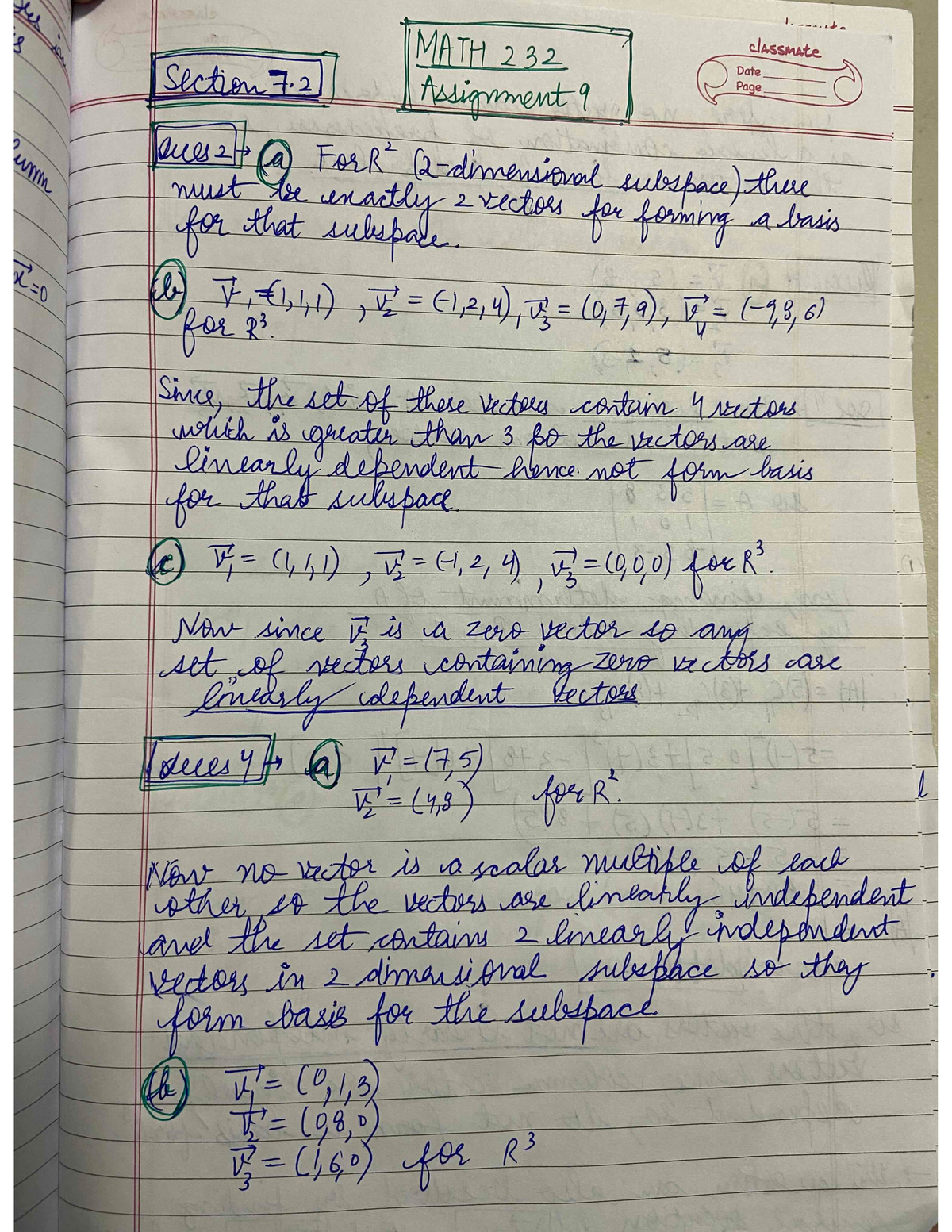 Assignment 9 Solutions (Math 232) - Linear Independence & Basis ...