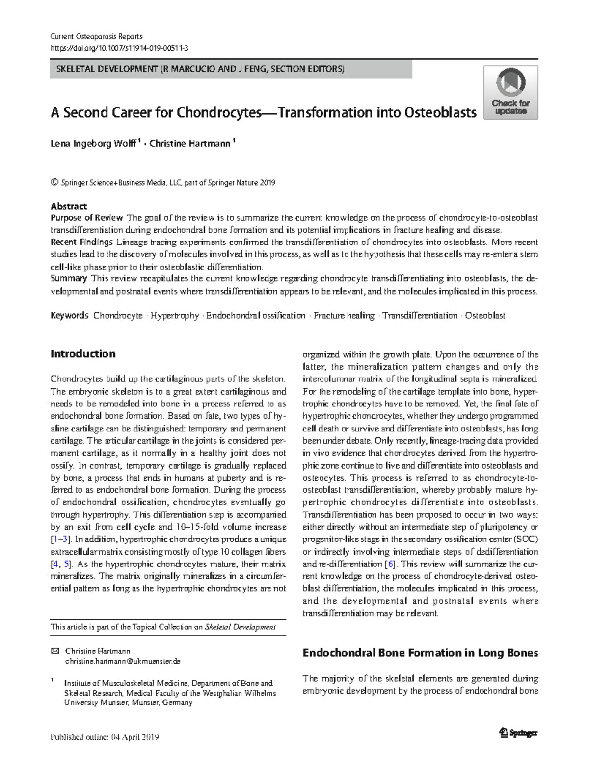 Chondrocyte-to-Osteoblast Transdifferentiation in Endochondral Bone ...