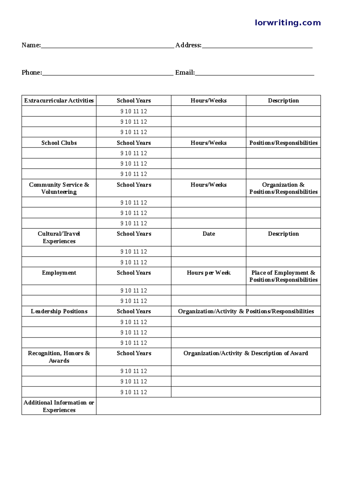 High School Brag Sheet Template for College Applications - Studocu