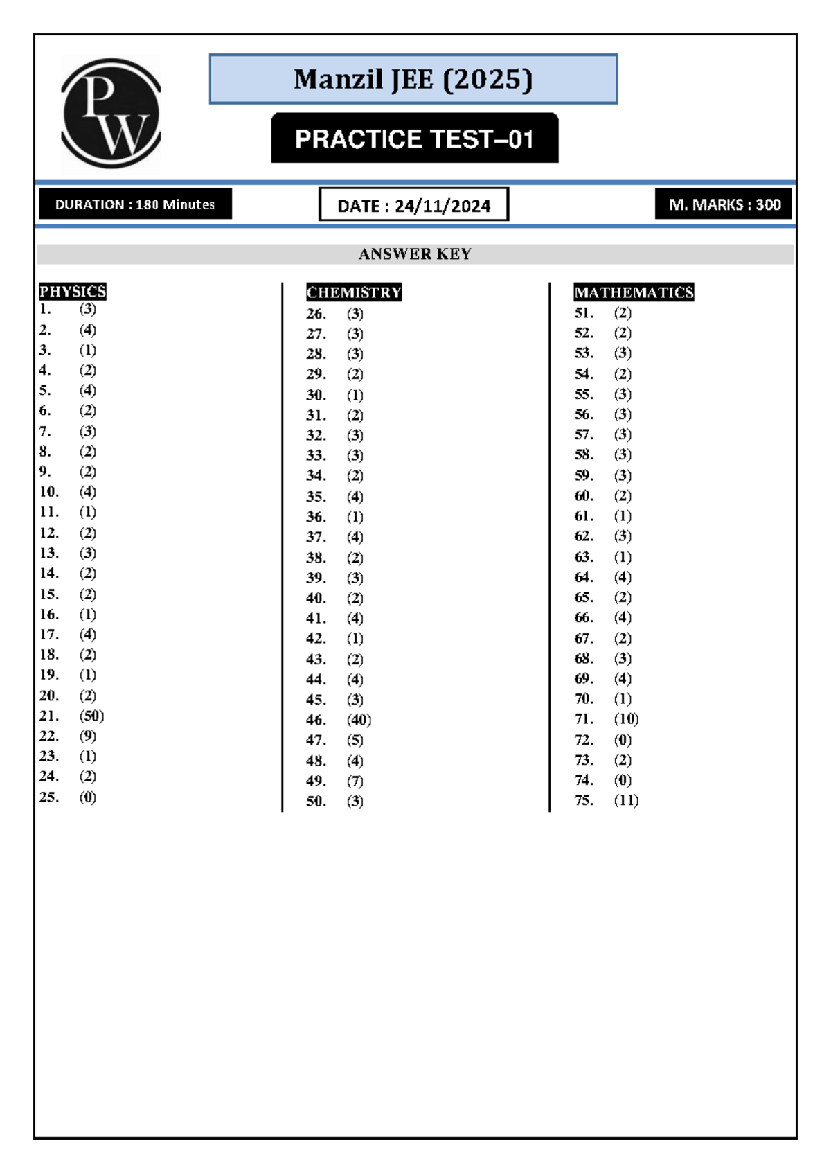 Practice Test-01 Hints & Solutions for JEE (2025) - Studocu