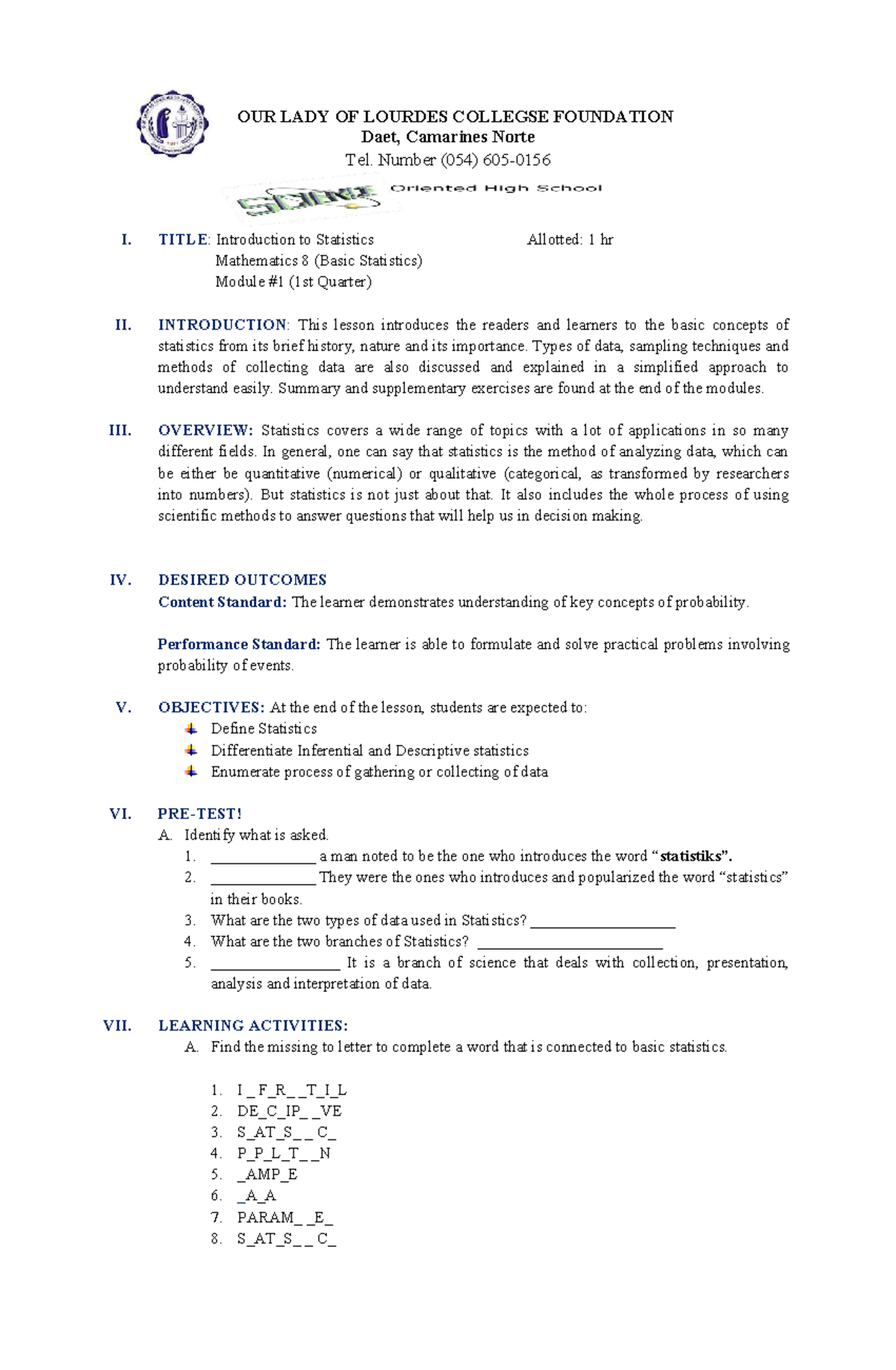 Math 8: Introduction to Basic Statistics Module (1st Quarter) - Studocu