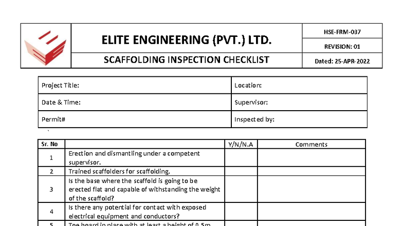 HSE-FRM-037 Scaffolding Inspection Checklist Revision 01 - Studocu