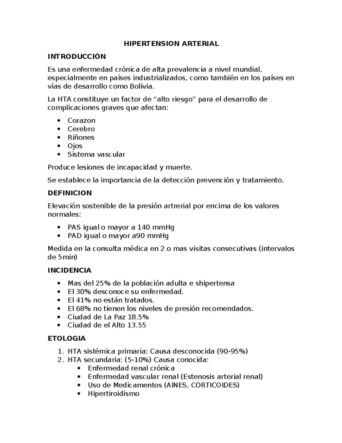 Hipertensión Arterial: Introducción y Diagnóstico Clínico - Studocu