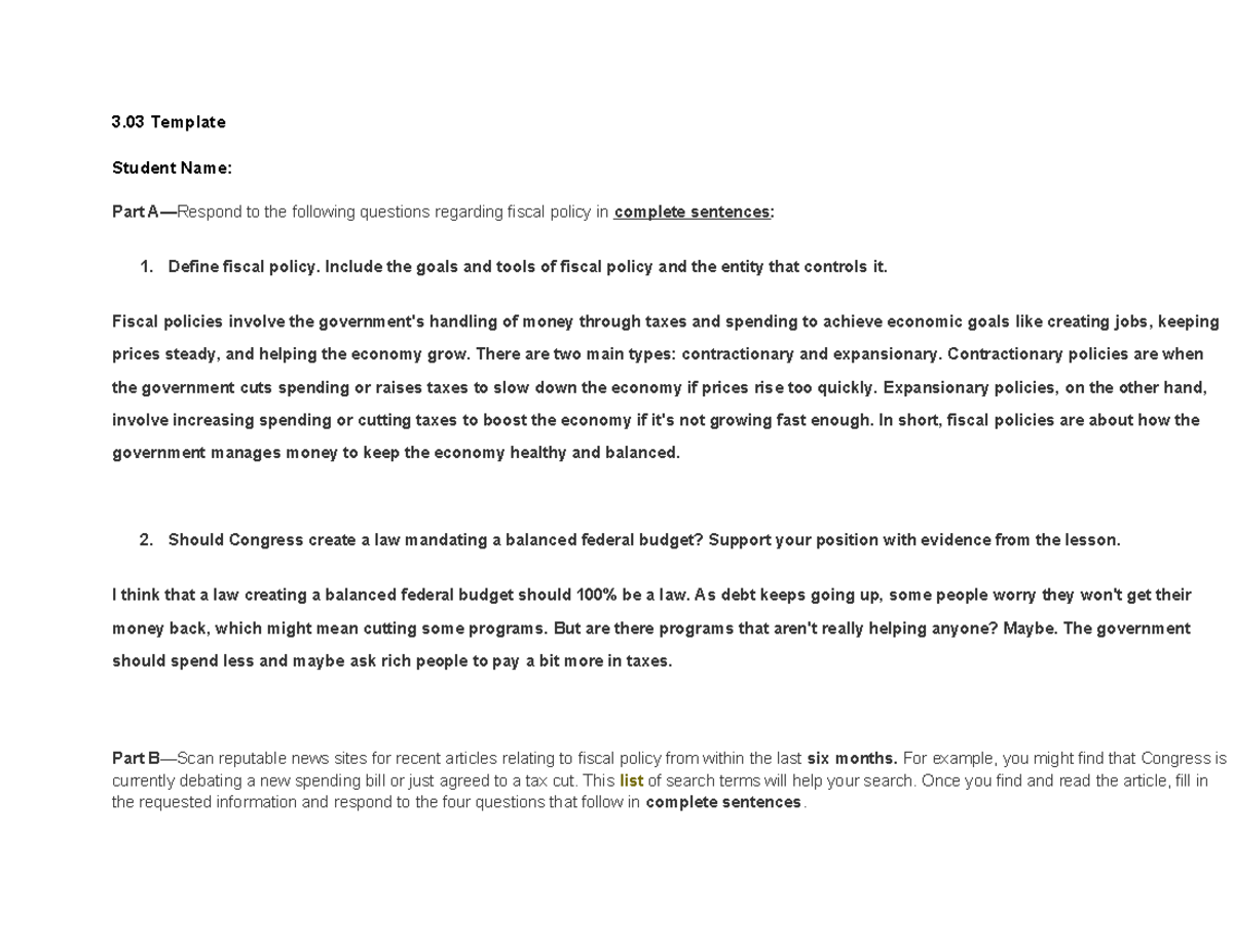 03 Economics - Fiscal Policy Analysis and Recent Developments - Studocu