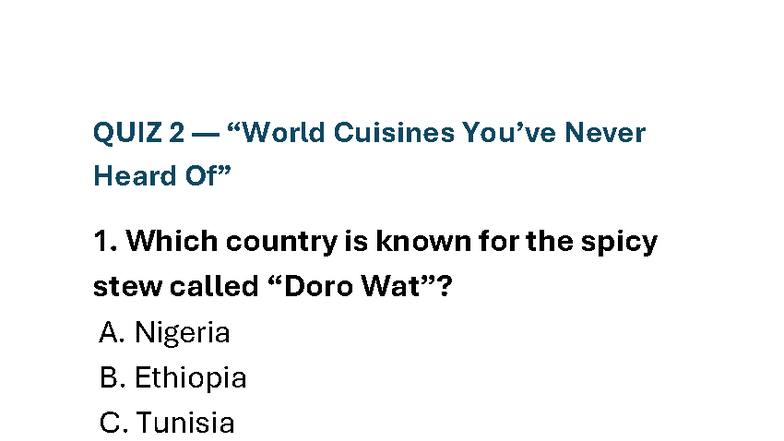 QUIZ 2: World Cuisines You Never Heard Of - Studocu
