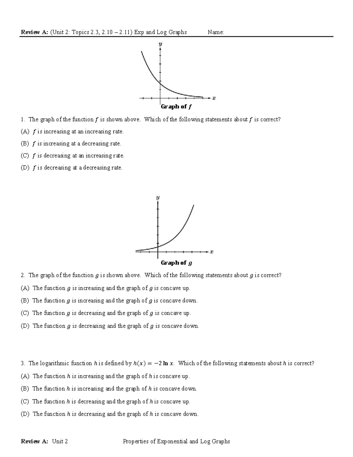Review A: Unit 2 - Properties of Exponential & Logarithmic Graphs - Studocu