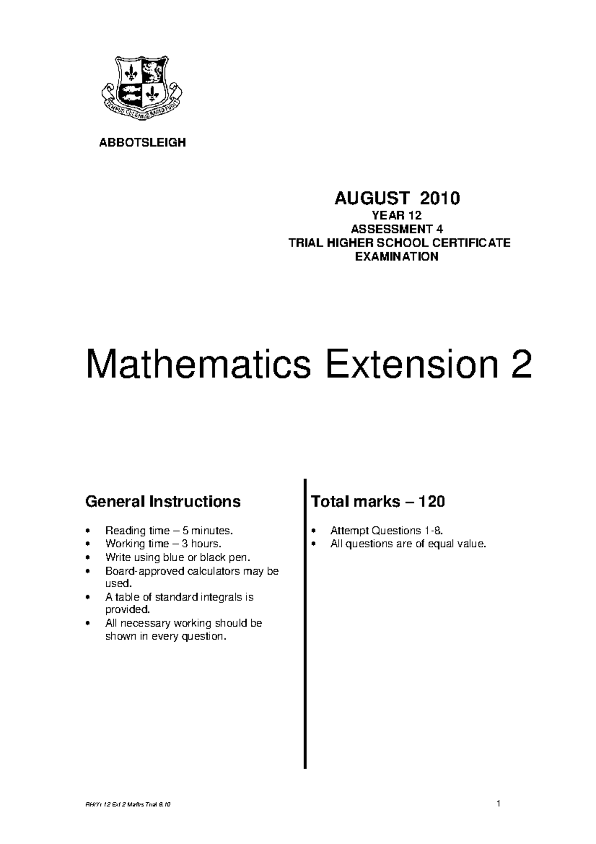 Abbotsleigh HSC Ext 2 Mathematics Trial Exam 2010 - Studocu