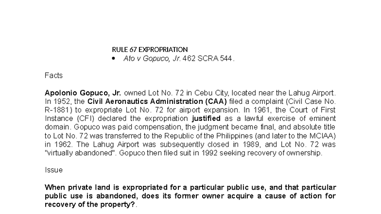 CASE DIGEST: RULE 67 EXPROPRIATION & RELATED CASES (CIVIL PROCEDURE ...