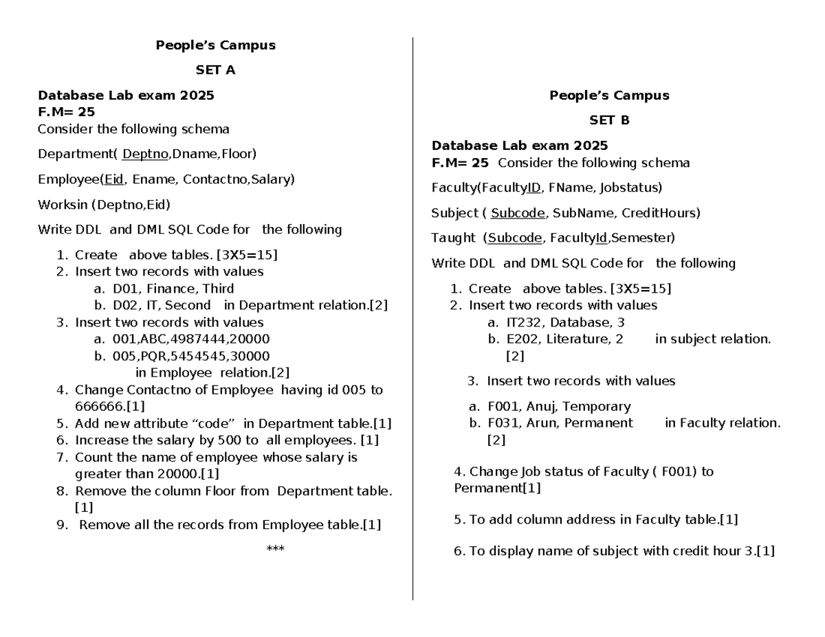 Database Lab Exam 2025: SQL DDL & DML Code Guide - Studocu