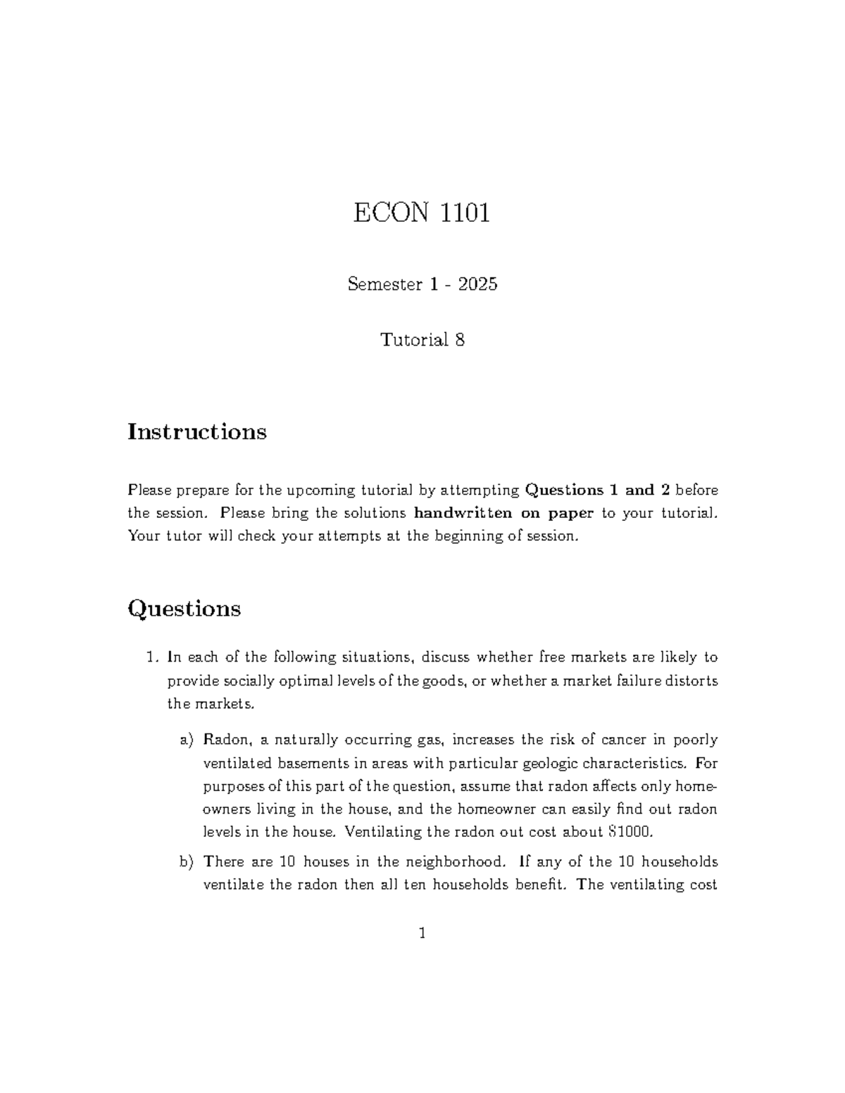 ECON 1101 Semester 1 2025 Tutorial 8 Questions & Instructions - Studocu