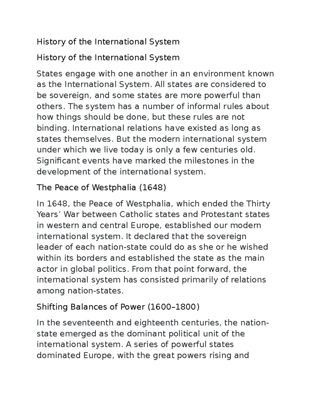 The Evolution of the International System: Key Historical Events - Studocu