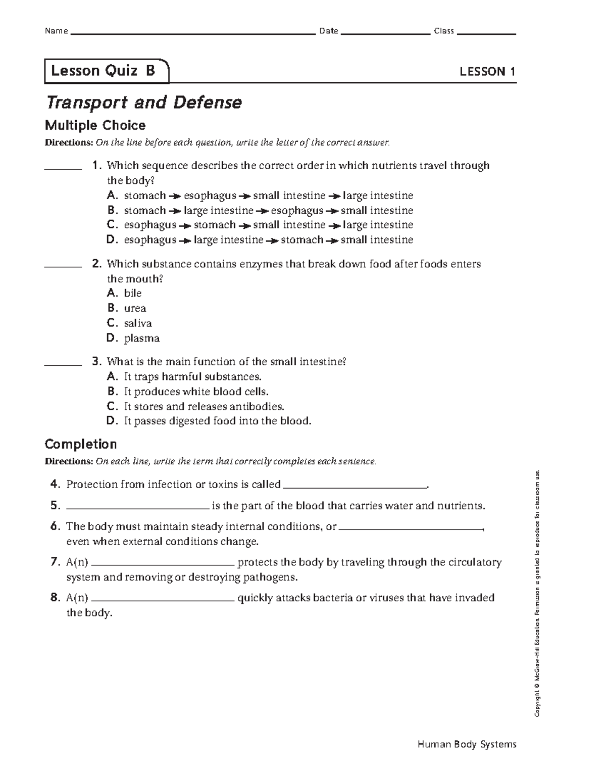 Ch. 10.1 Lesson Quiz B - Human Body Systems Transport & Defense - Studocu
