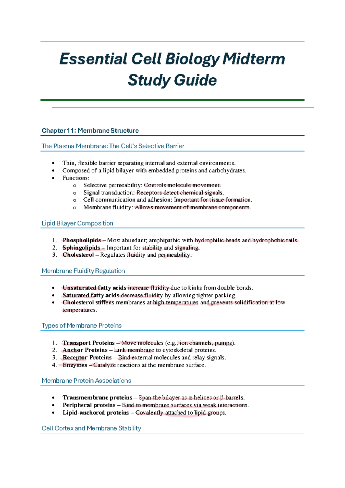 Essential Cell Biology Midterm Study Guide: Membrane Structure ...