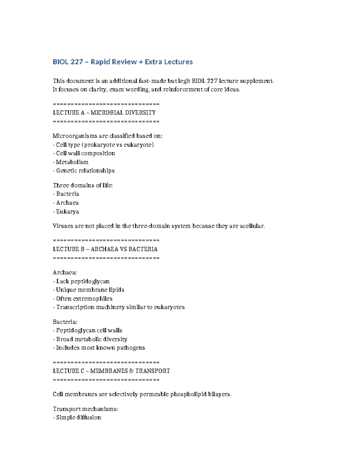 BIOL 227 Supplement: Key Concepts from Extra Lectures - Studocu