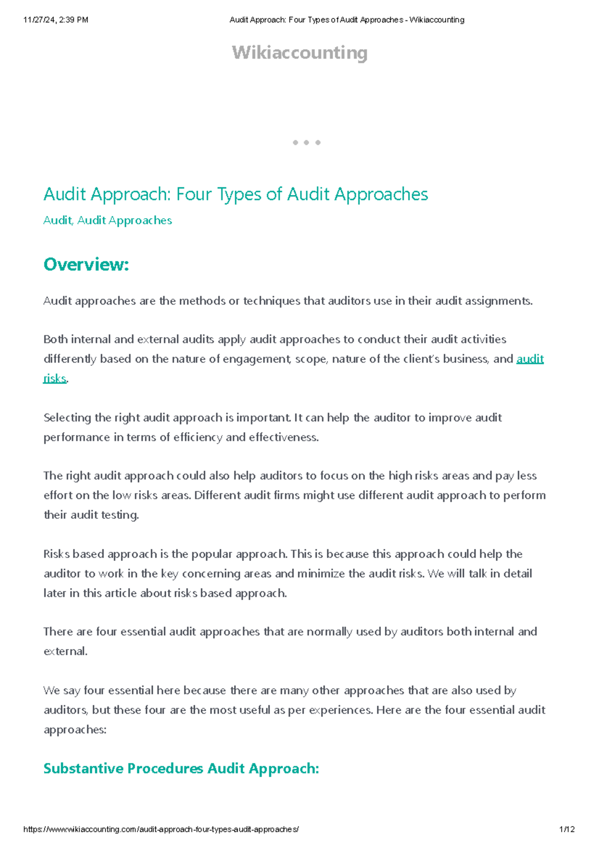 Audit Approach: Key Techniques in Auditing (Wikiaccounting) - Studocu