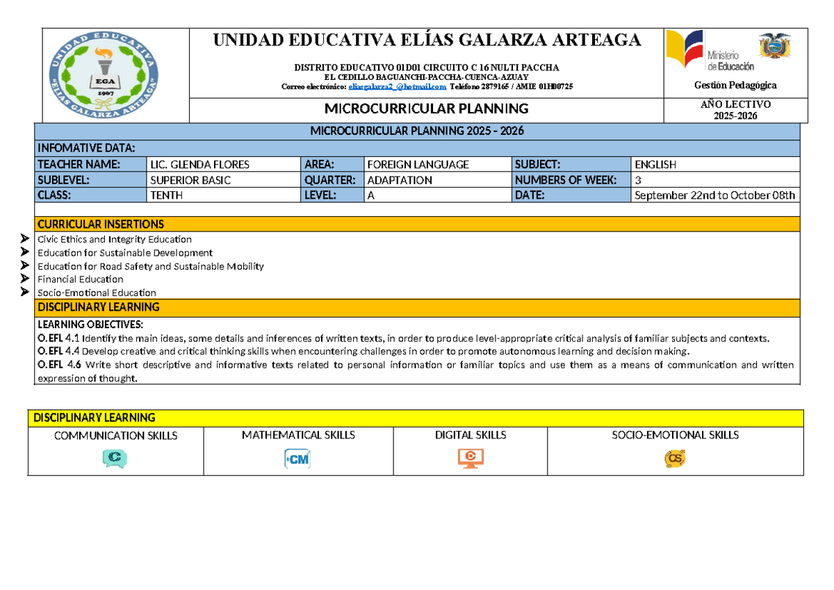 Adaptation Plan for 10th Grade - English Curriculum 2025-2026 - Studocu