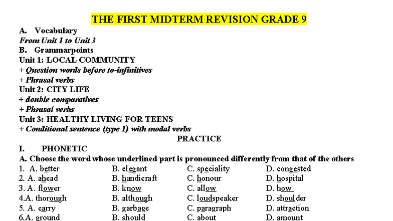 Grade 9 English Midterm Revision: Vocabulary & Grammar Review - Studocu
