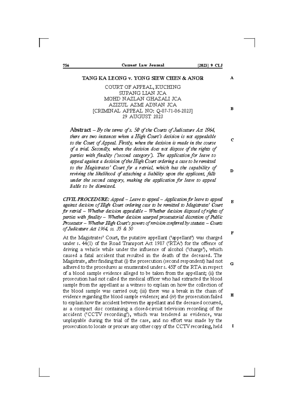 Tang Ka Leong v. Yong Siew Chen Anor: Appeal Leave Analysis under CJA ...