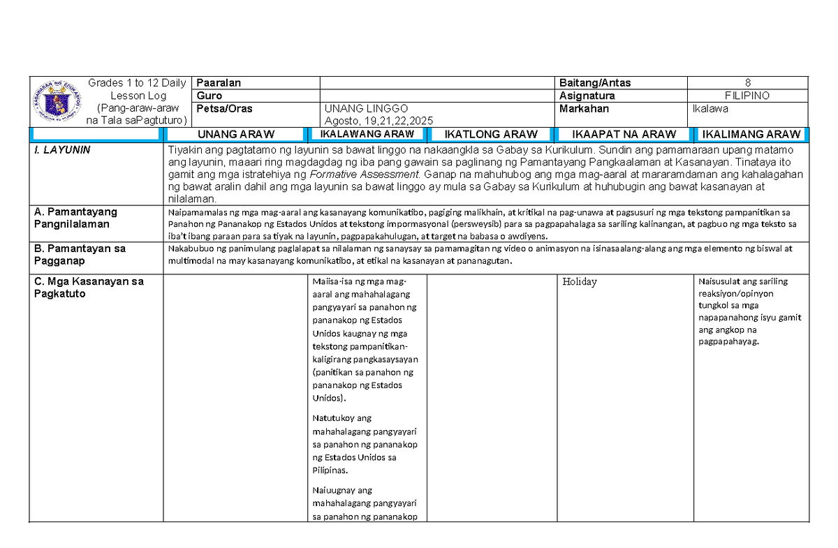 Grade 8 FILIPINO 2nd Quarter Lesson Log: Unang Linggo ng Pagtuturo ...