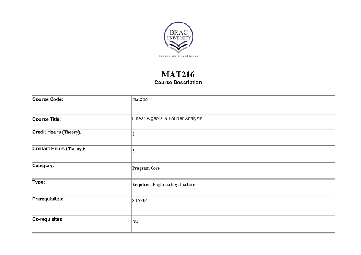 MAT216 Lecture Notes: Linear Algebra & Fourier Analysis - Studocu