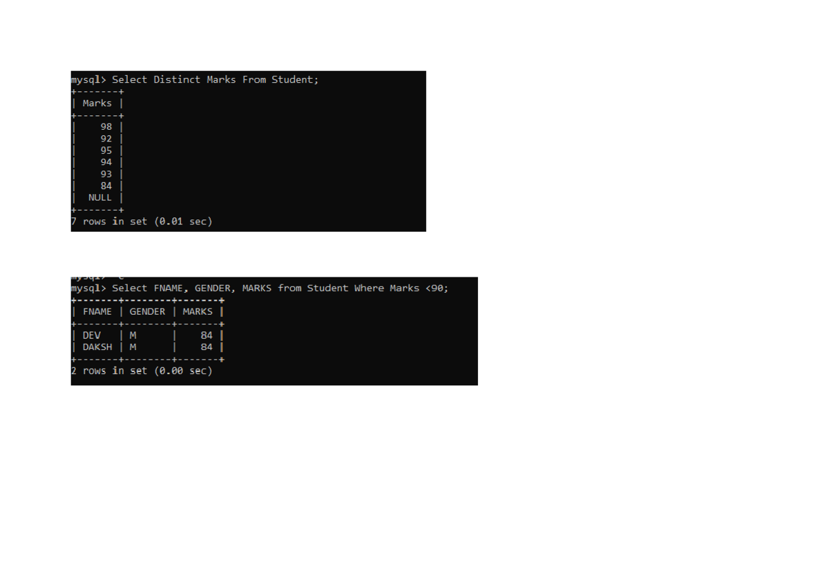 SQL Commands - Select Distinct Marks From Marks 98 92 95 94 93 84 NULL ...