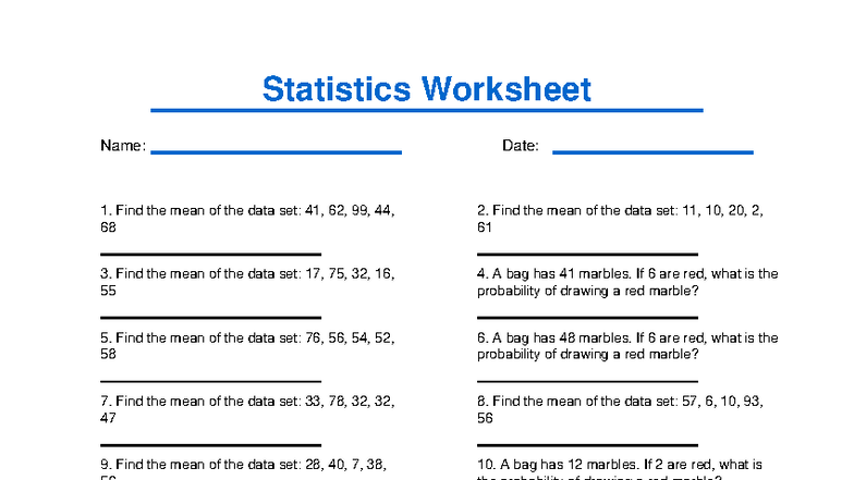Statistics Worksheet 2: Mean & Probability Problems - Studocu