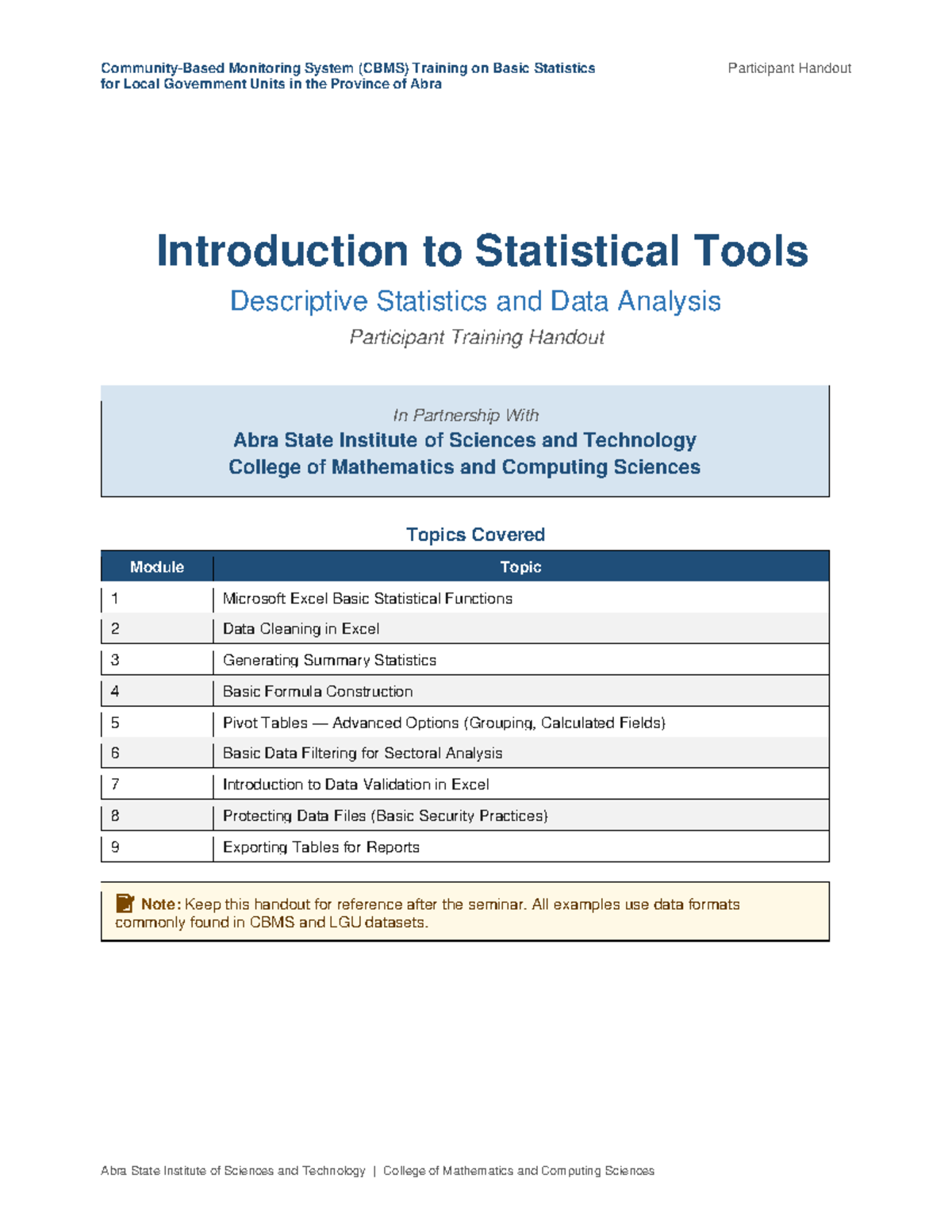 CBMS Training Handout: Basic Statistics & Excel Tools for LGUs - Studocu