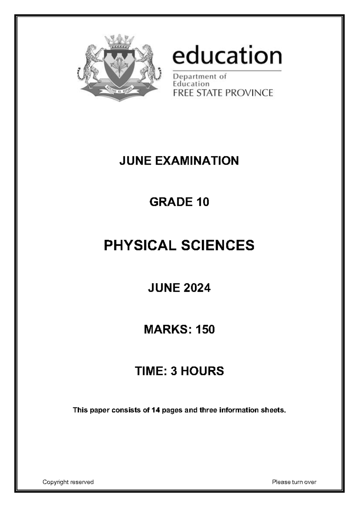 2024 FS Grade 10 Physical Sciences June Exam Paper and Instructions ...