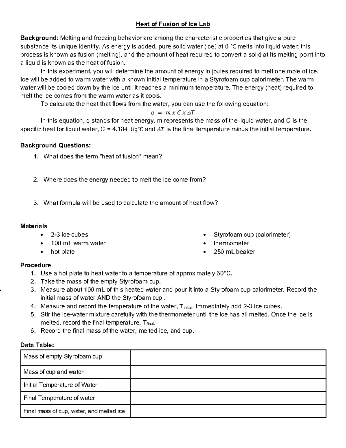 Heat of Fusion of Ice Lab: Determining Energy Required for Melting ...