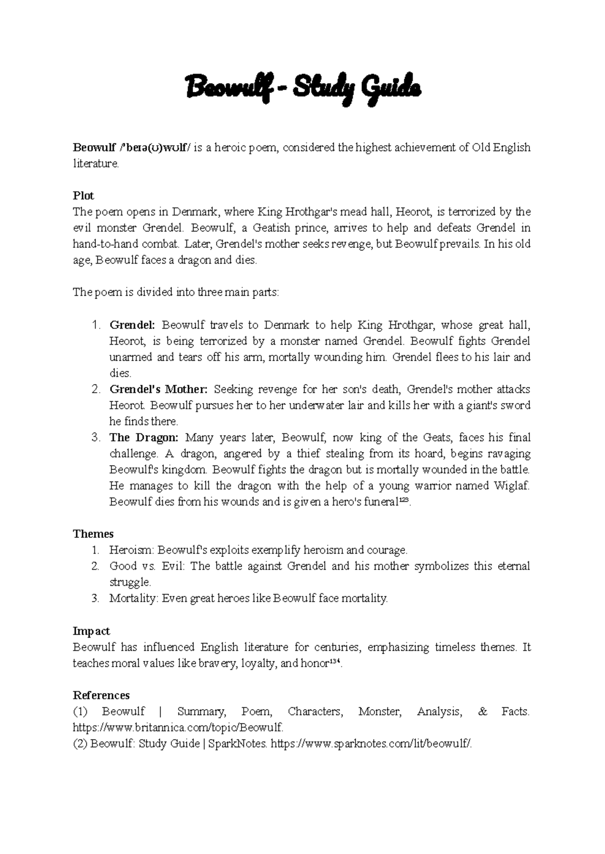 Beowulf - Study Guide - Guía de estudio: Temas, argumento, etc ...