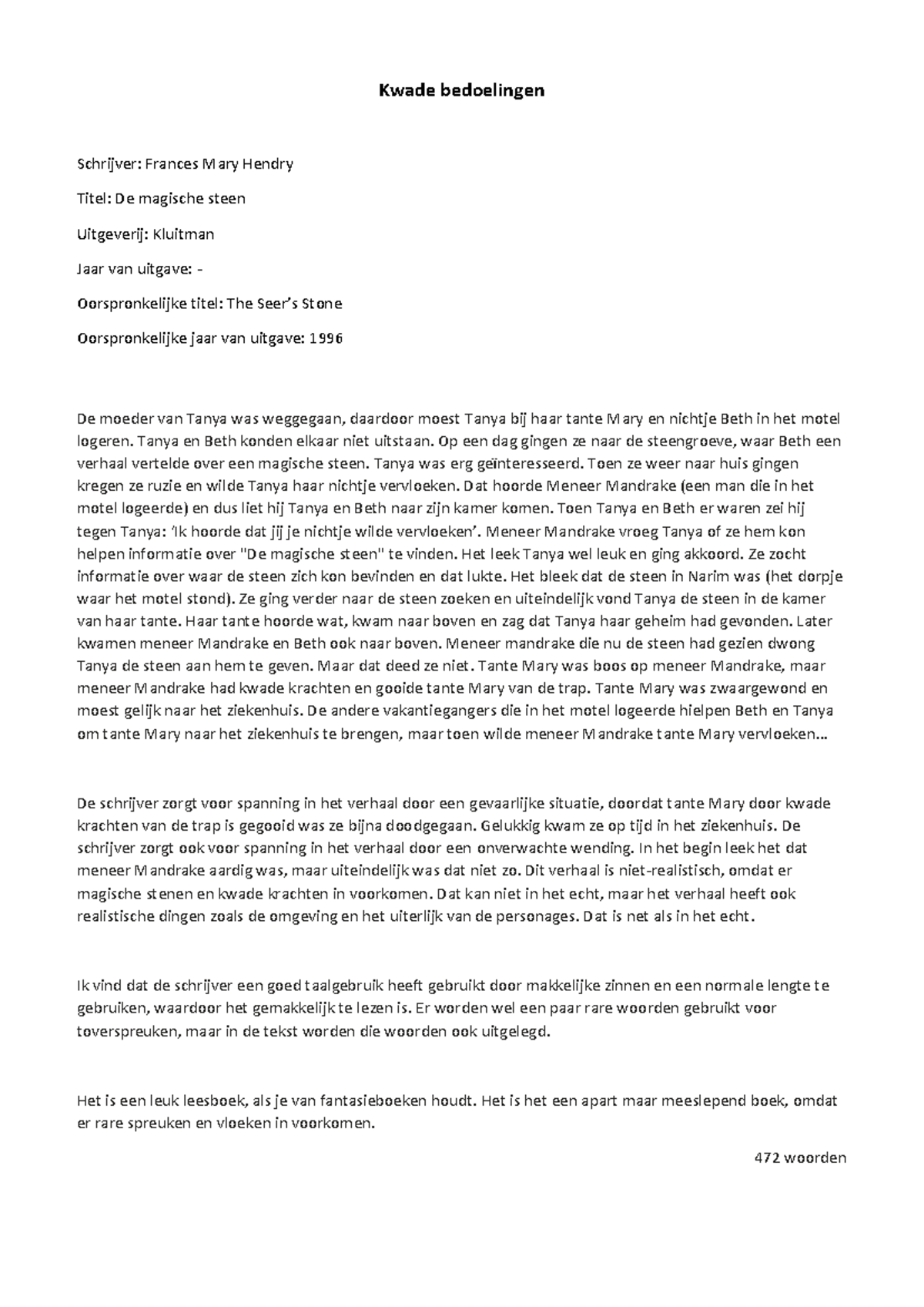 Recensie van 'De magische steen' door Frances Mary Hendry - Studeersnel
