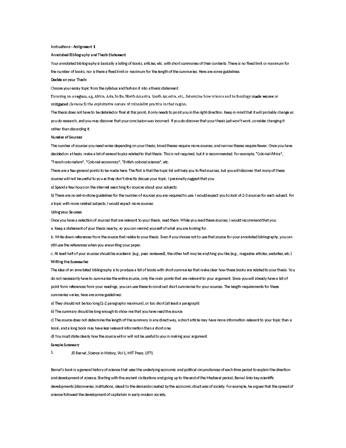 Assignment 1: Annotated Bibliography & Thesis Statement Guidelines ...