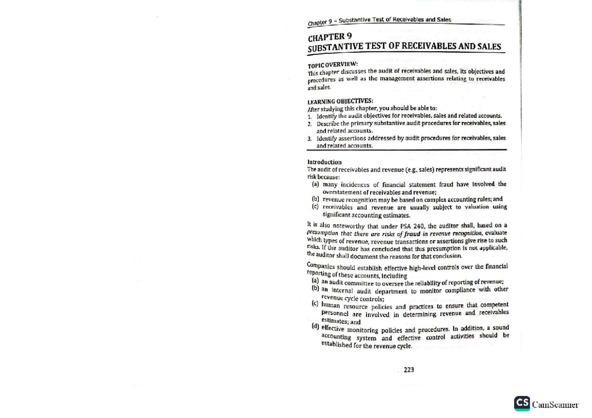 Chapter 9: Substantive Tests of Receivables and Sales (ABS14347) - Studocu