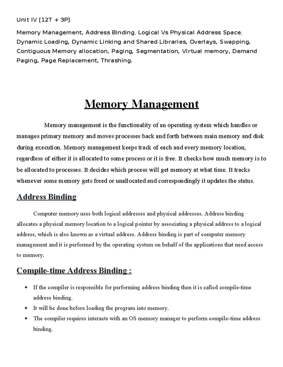 Memory Management Concepts: Address Binding, Paging, and Swapping (CS101) - Studocu